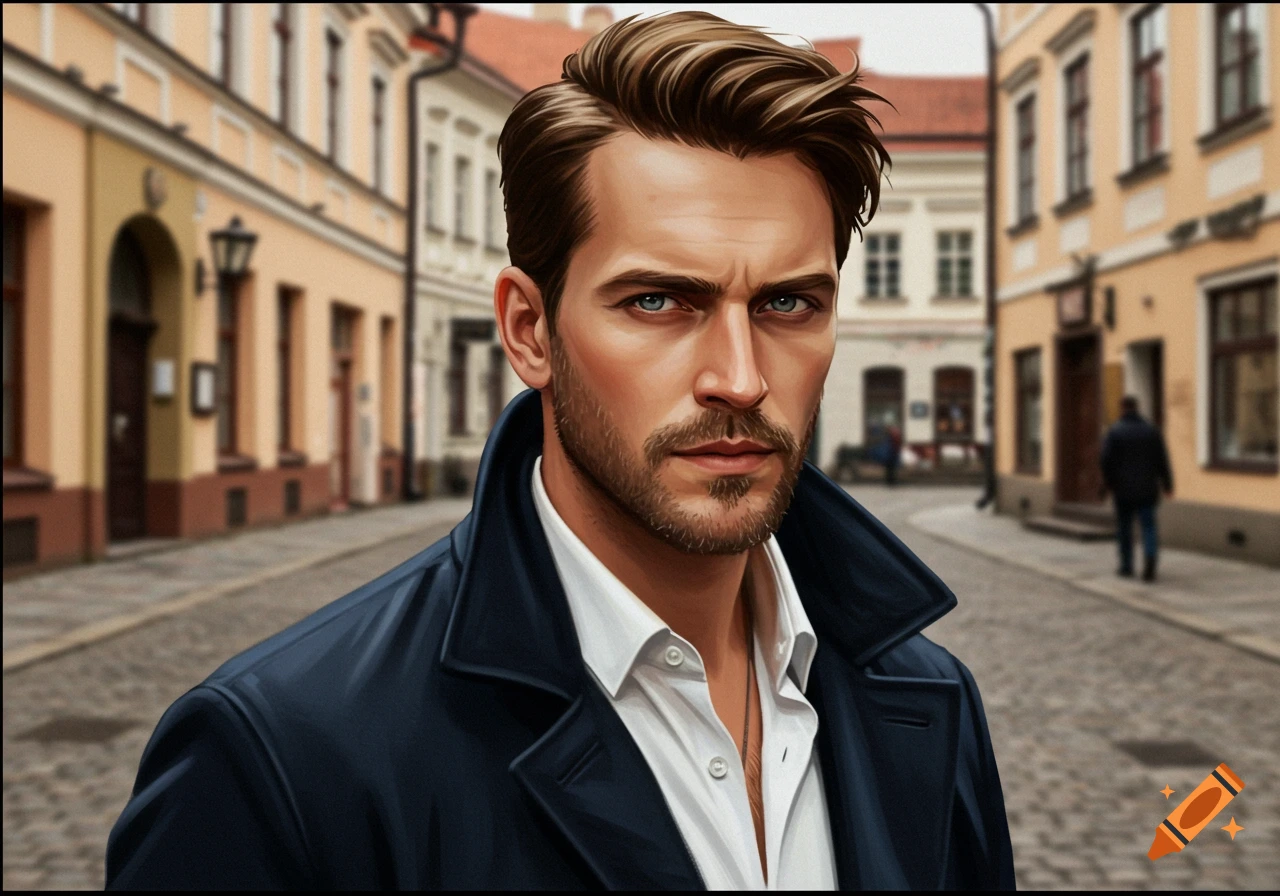 Handsome man with blue eyes and a dark coat stands in a blurred street ...