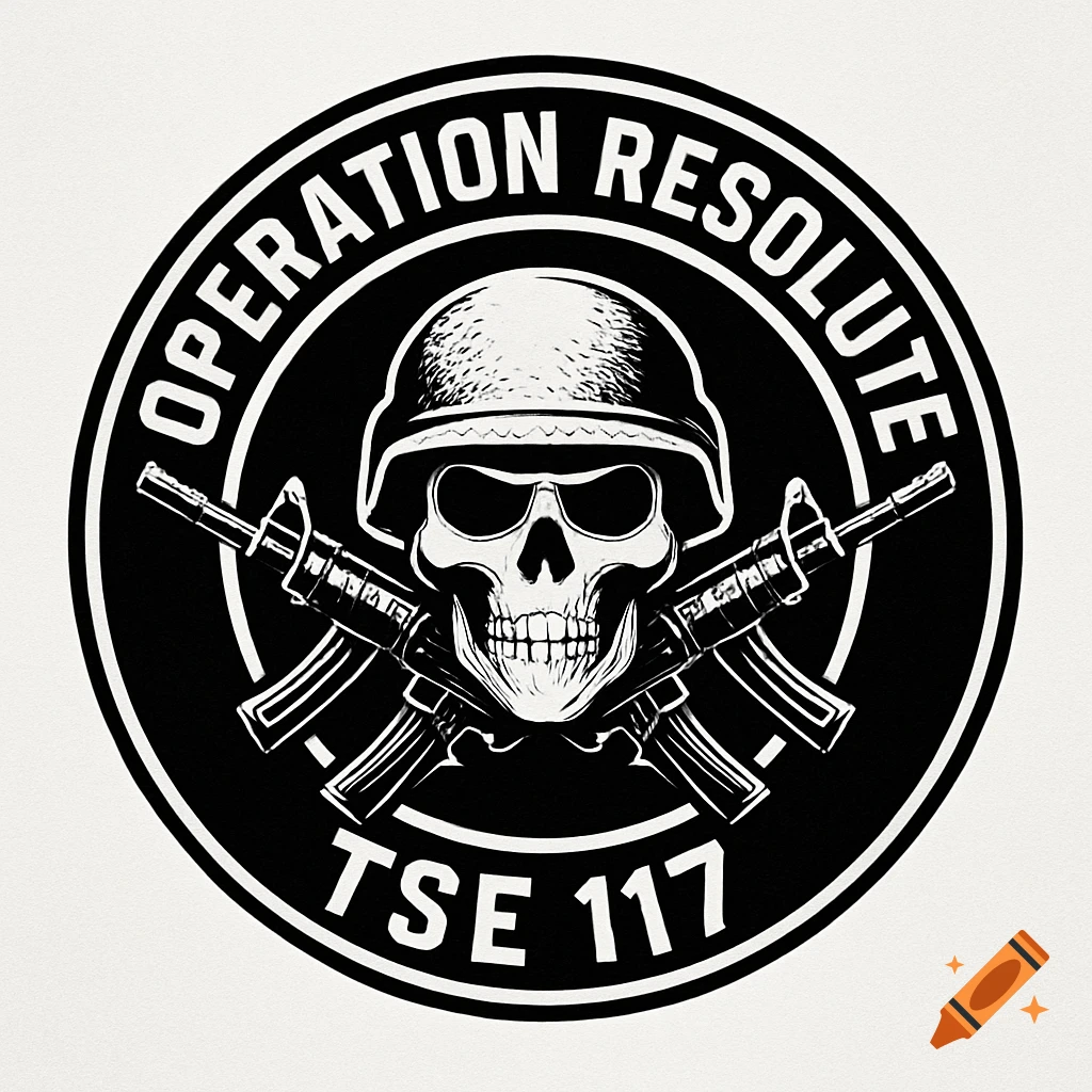 Black and white circular military logo with skull, helmet, sunglasses ...