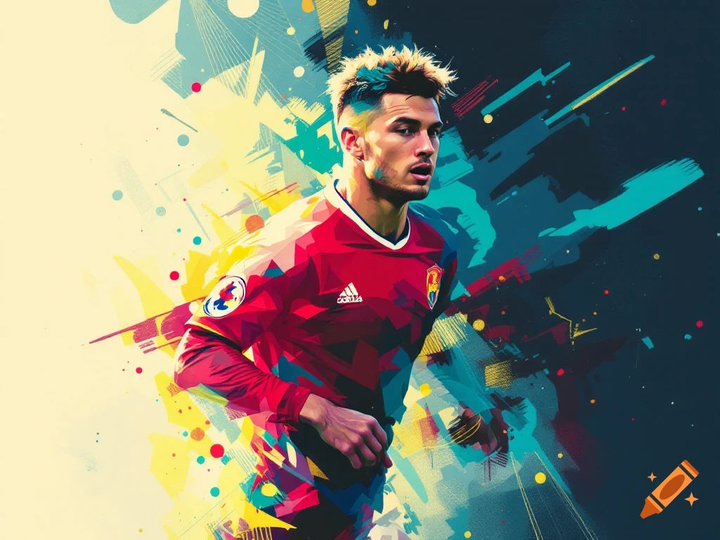 Stylized portrait of a soccer player in a red jersey against an ...
