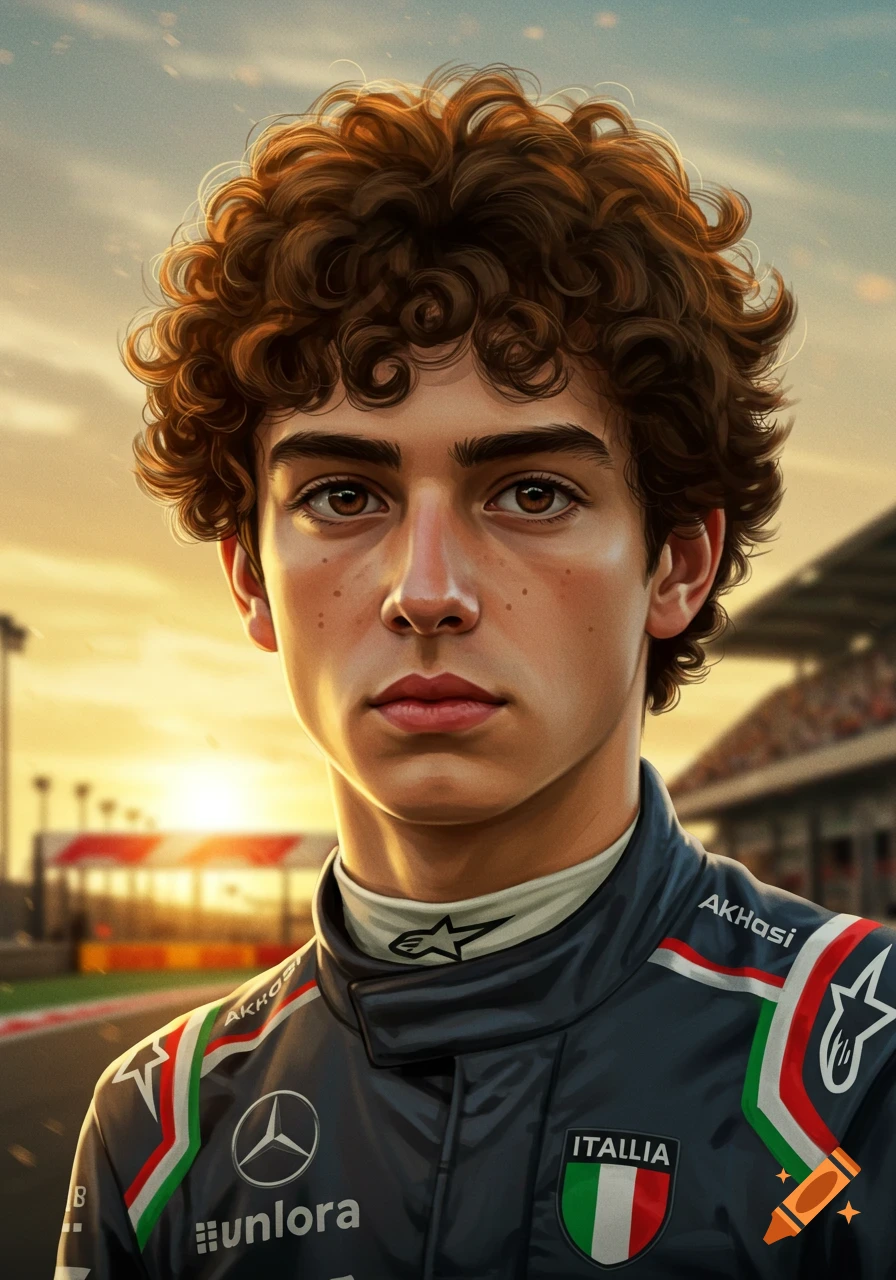 Portrait of a young Italian F1 driver with curly hair in a suit at a ...