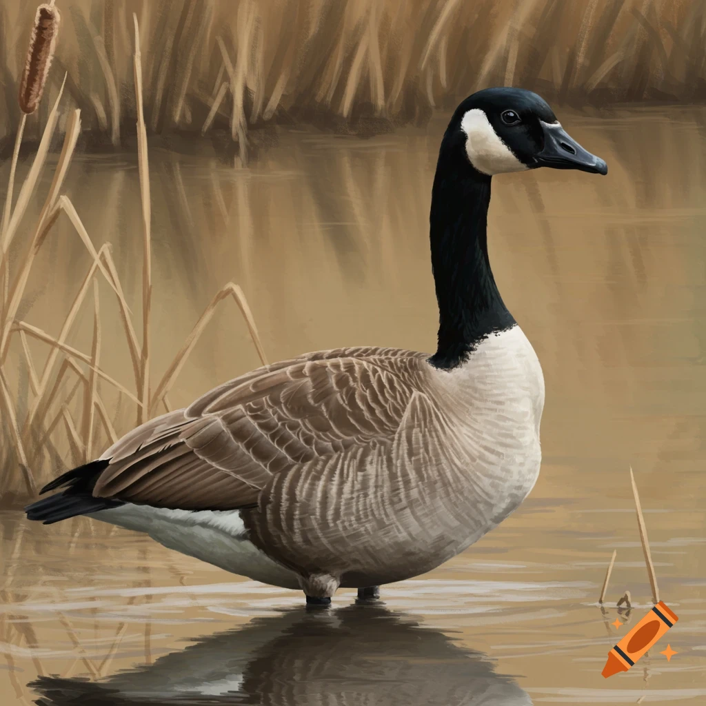 Digital painting of a Canada goose standing in shallow water among ...