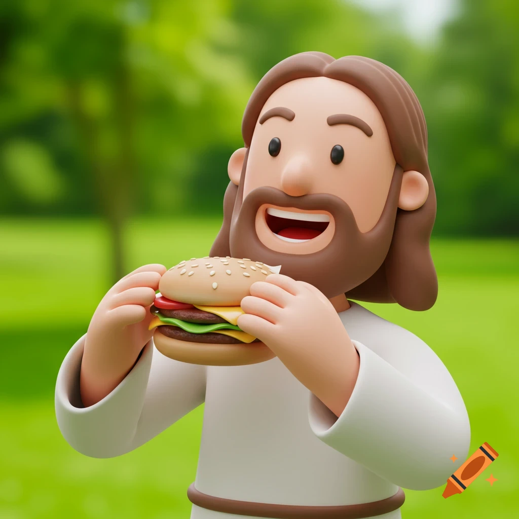 3D cartoon character resembling Jesus happily eats a burger outdoors on ...