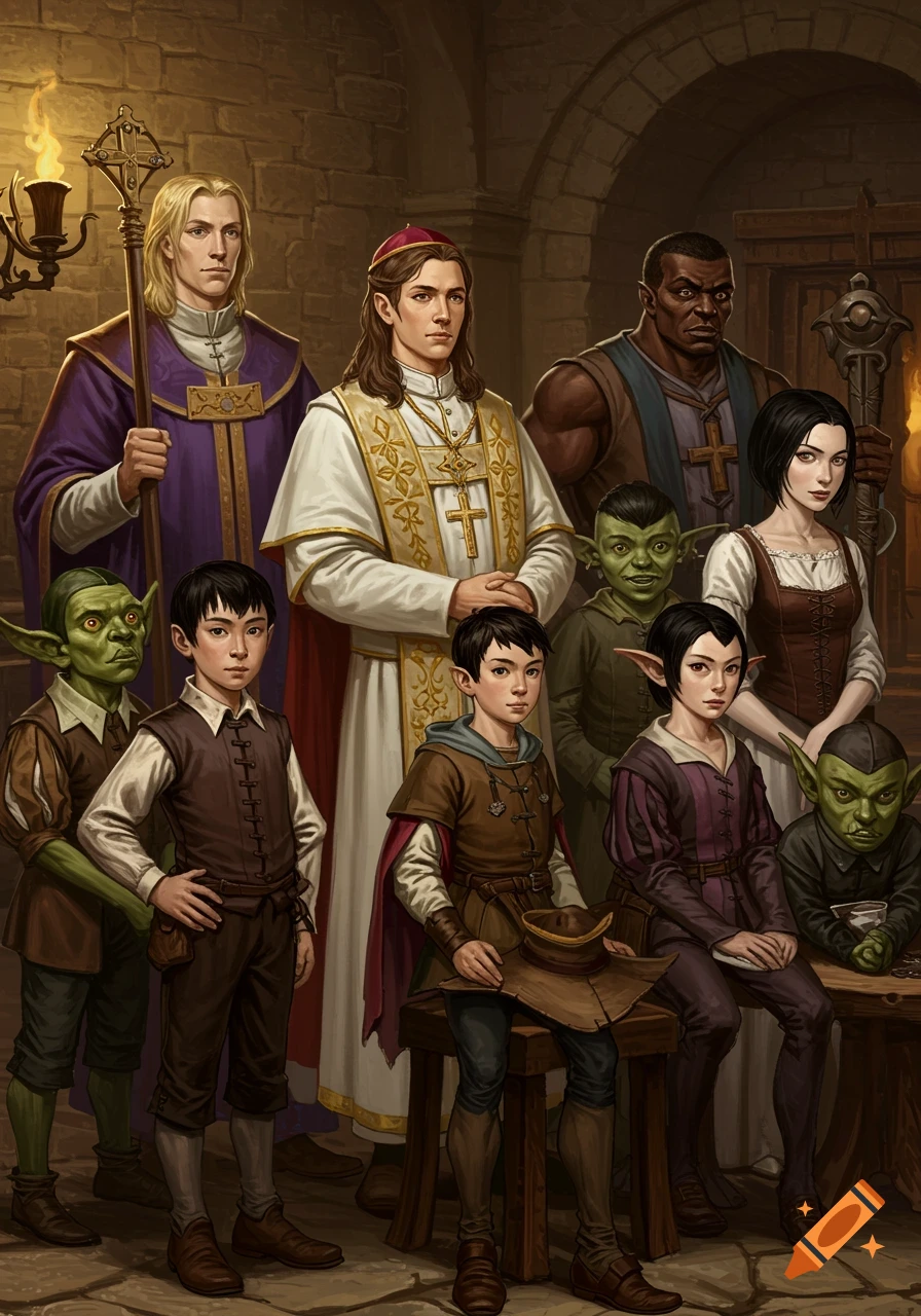 Group portrait illustration of humans and goblins in fantasy clothing ...