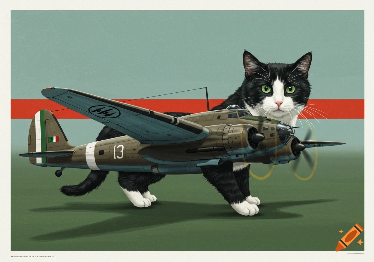 Illustration of a black and white cat combined with a bomber plane. on ...