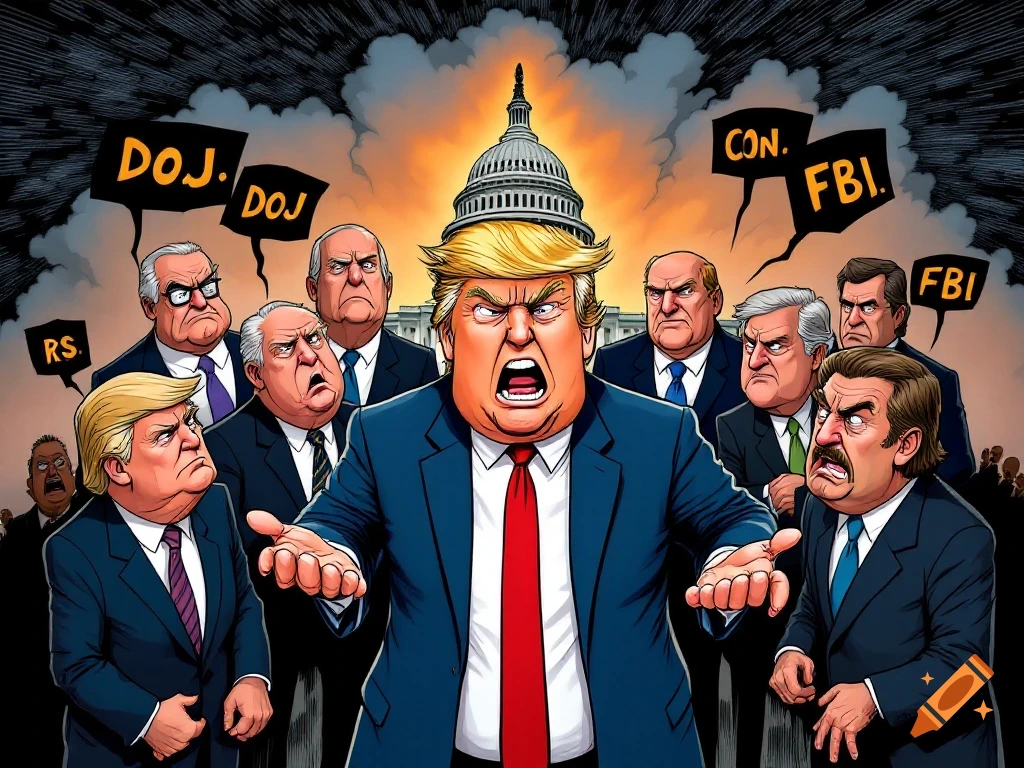 Cartoon of an angry Donald Trump surrounded by figures representing US ...