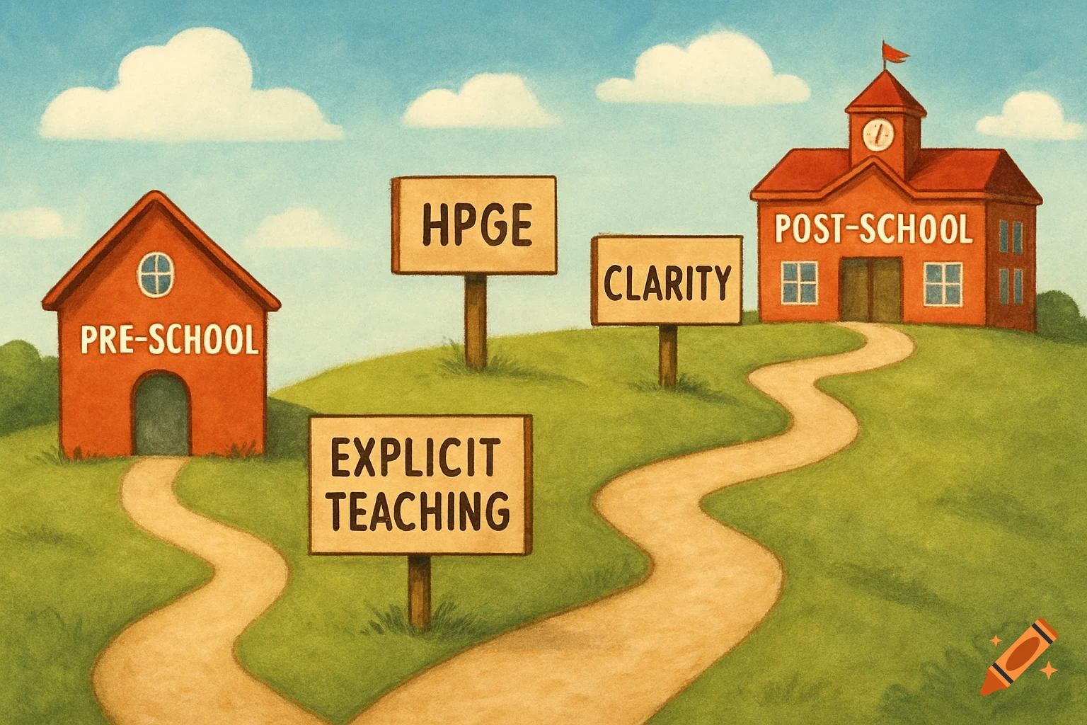 Illustrated path from preschool to post-school with signs for Explicit ...