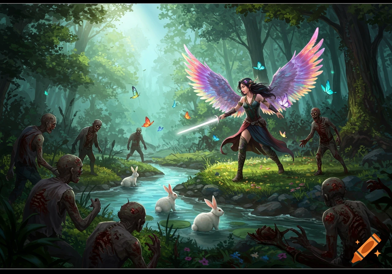 Fantasy digital painting of a winged warrior fighting zombies in a ...