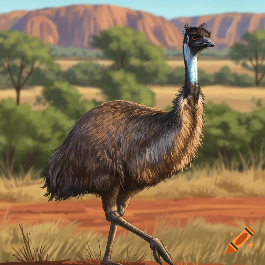 An emu walks through a dry, grassy landscape with trees and a large red ...