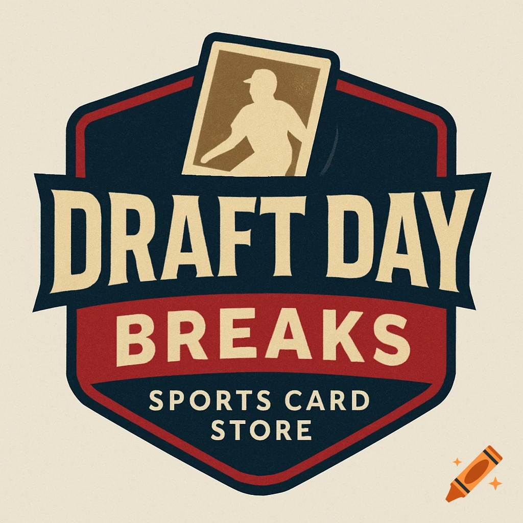 A logo for Draft Day Breaks sports card store with a baseball player ...