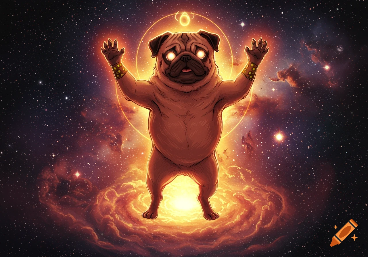 A pug with glowing eyes and raised arms stands in a galaxy of stars and ...