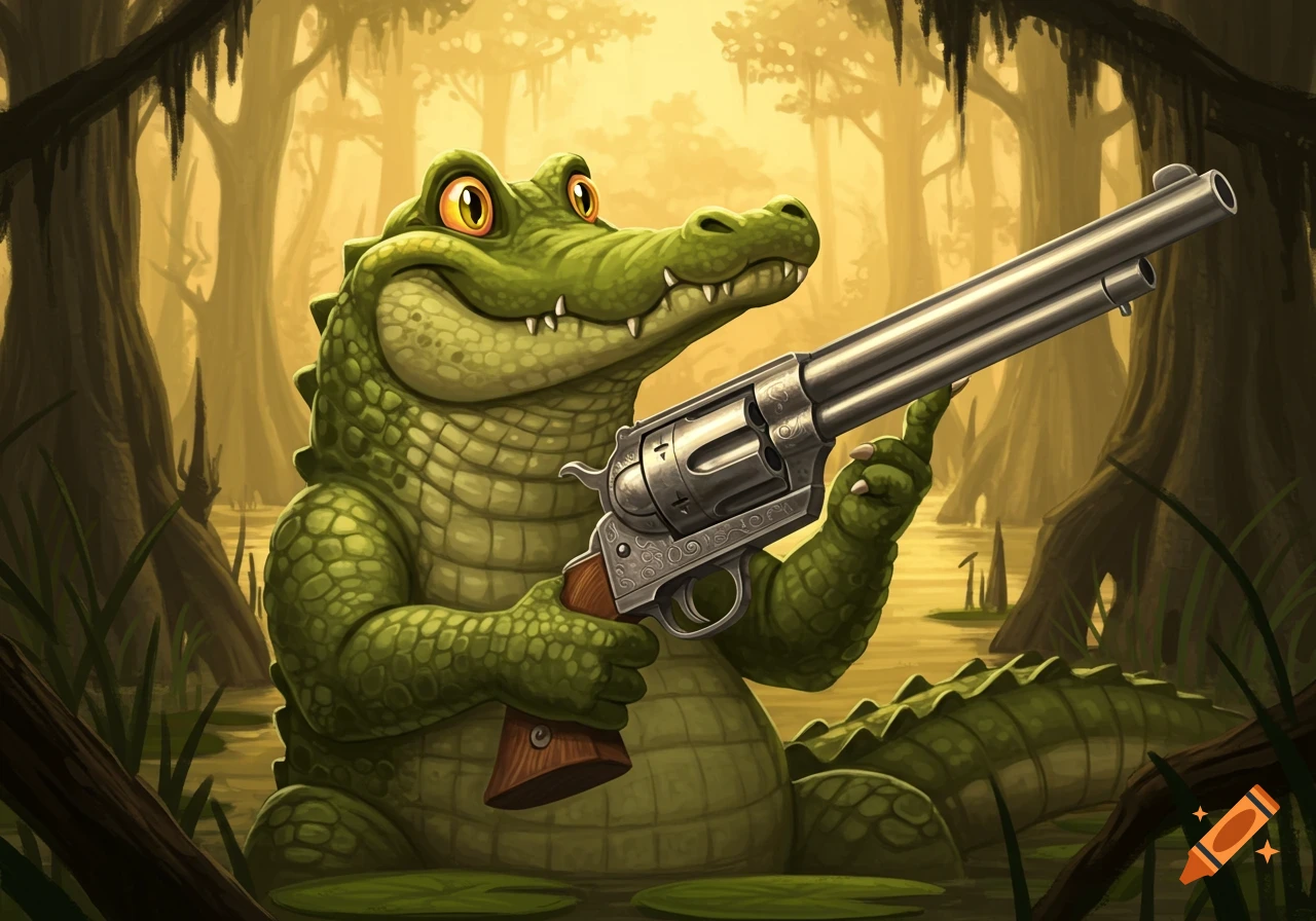 Cartoon alligator sitting in a swamp holding a large revolver ...