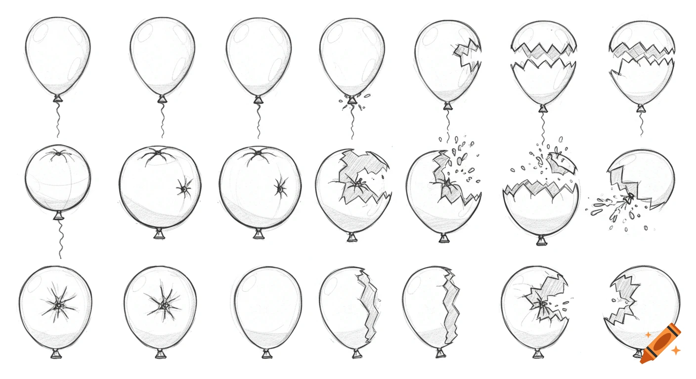 Sketch drawings showing a sequence of balloons popping on Craiyon