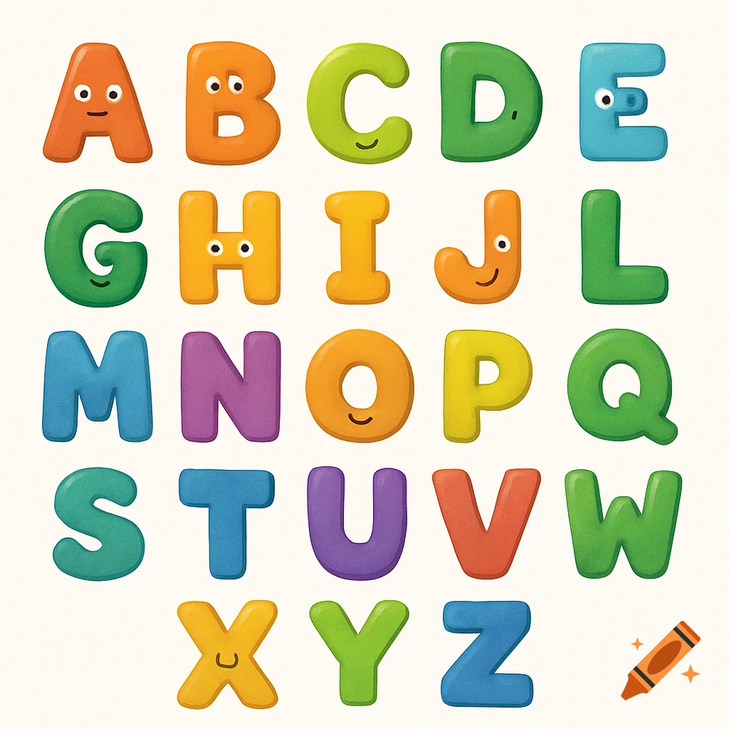 Colorful cartoon letters of the alphabet A-Z arranged in rows on Craiyon