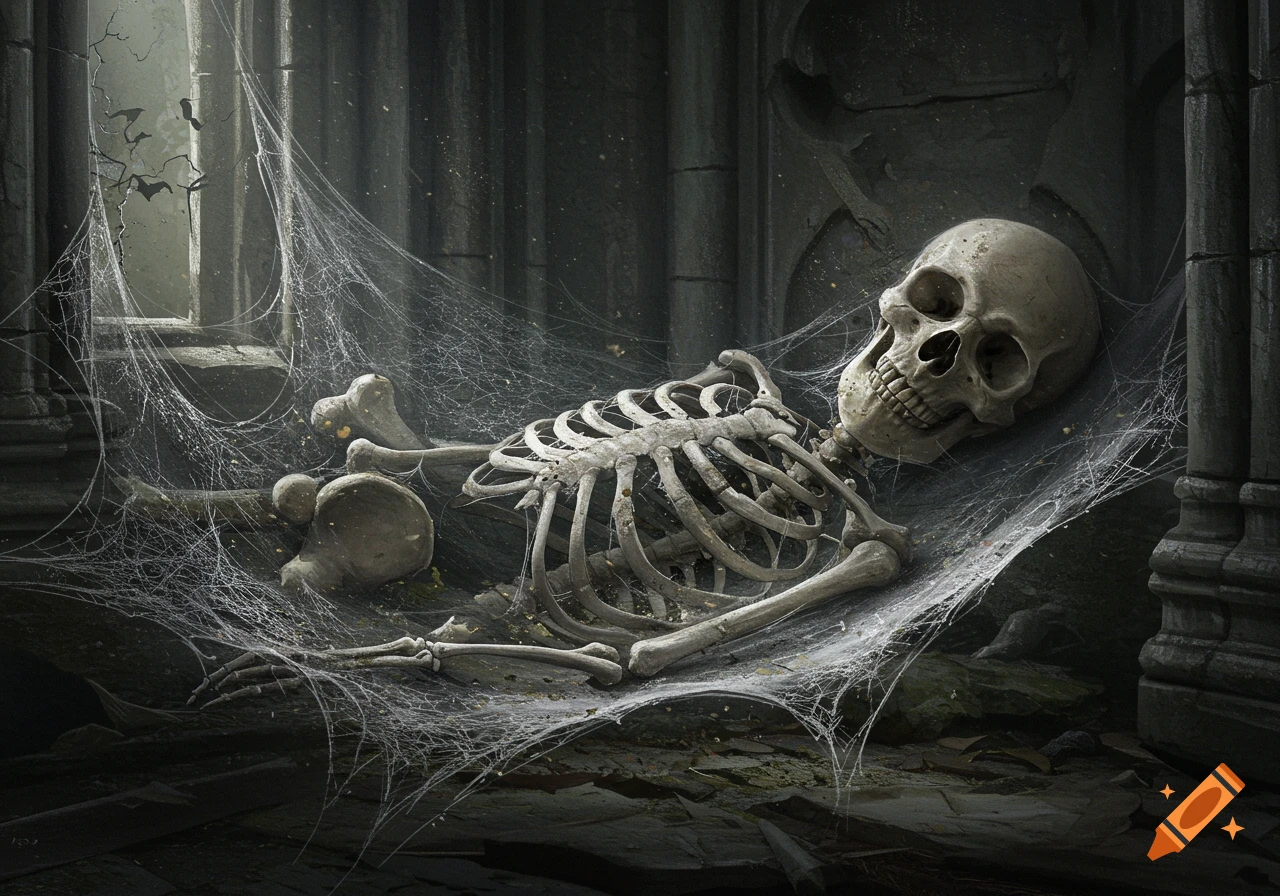 A skeleton covered in thick cobwebs lies in a dark, ruinous stone ...