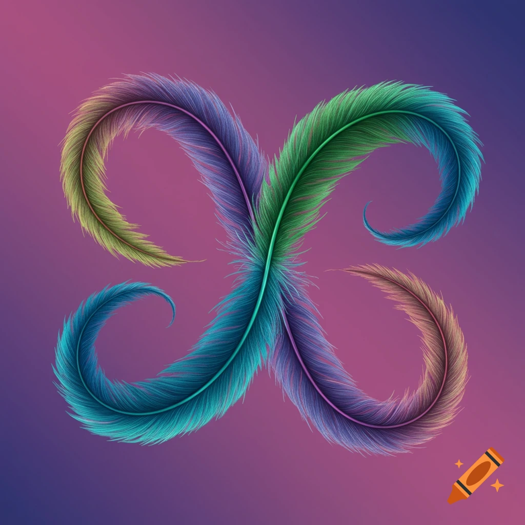 Colorful feathers entwined to form an infinity symbol on a gradient ...