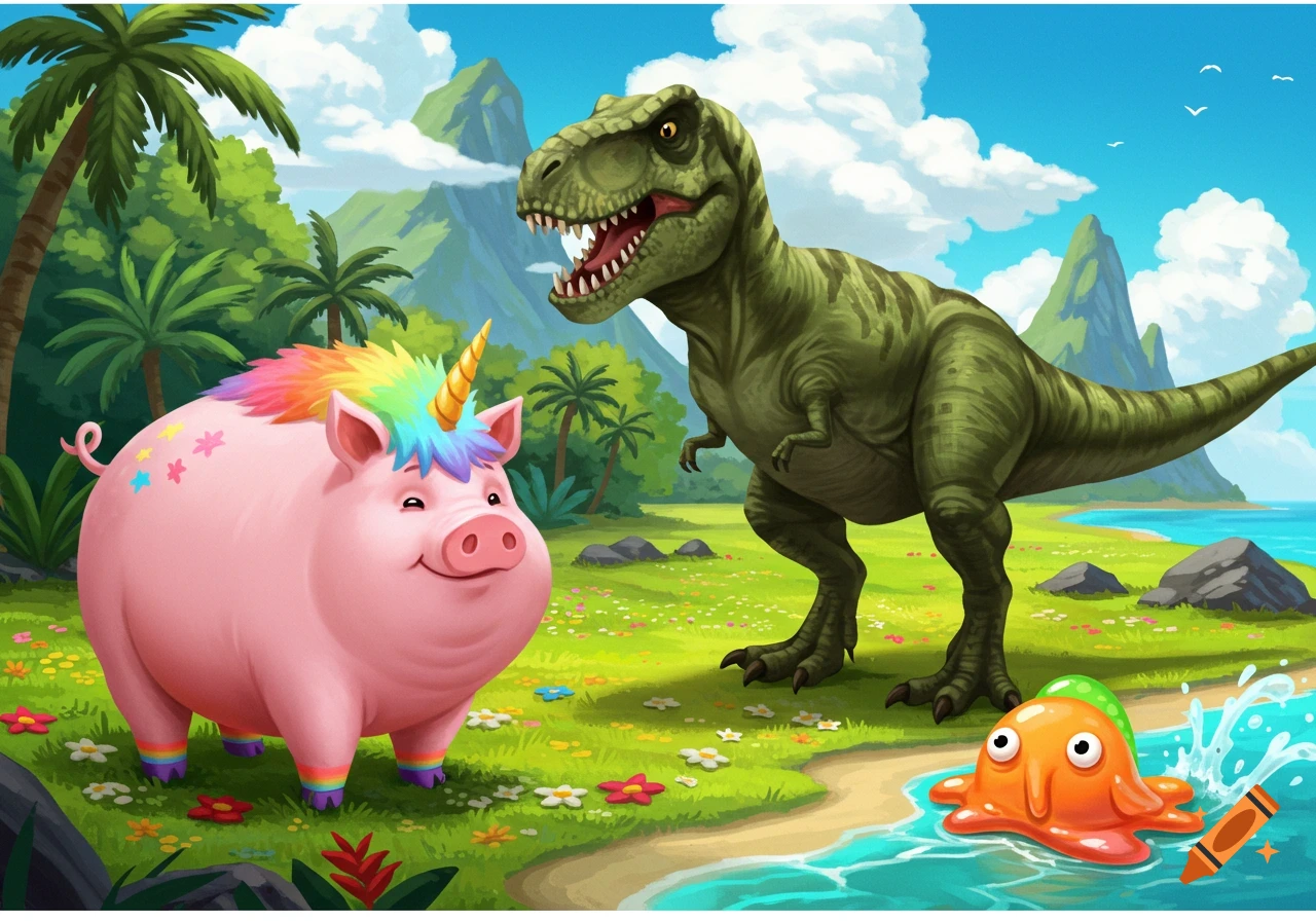 A pink unicorn pig stands next to a green T-Rex and an orange blob ...