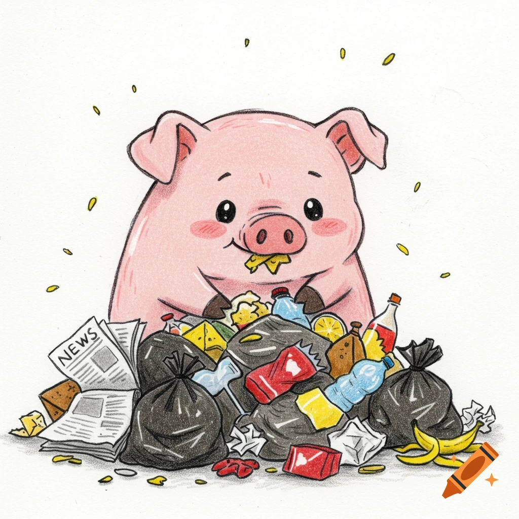 Cute cartoon pig eating a pile of garbage on Craiyon