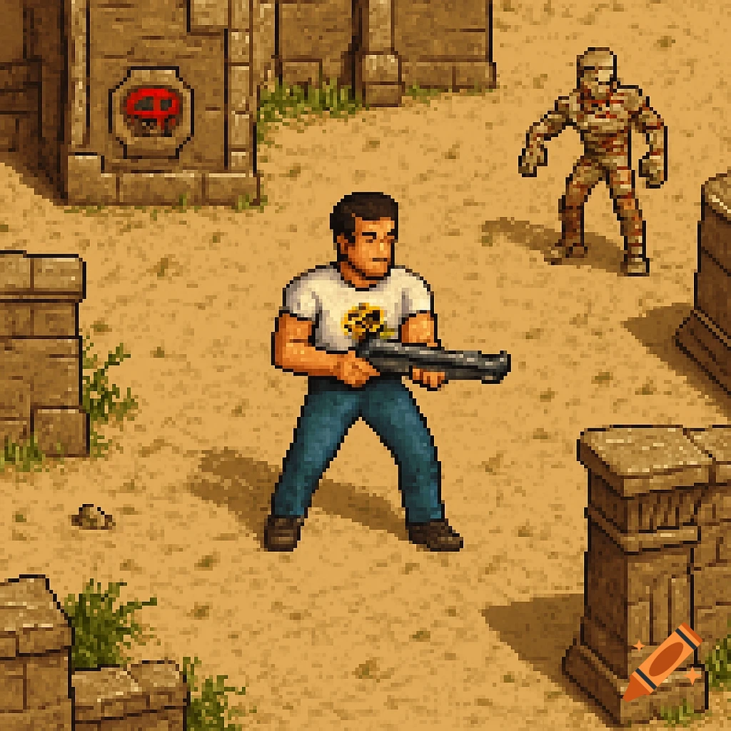 Pixel art video game screenshot of a man with a shotgun fighting a ...