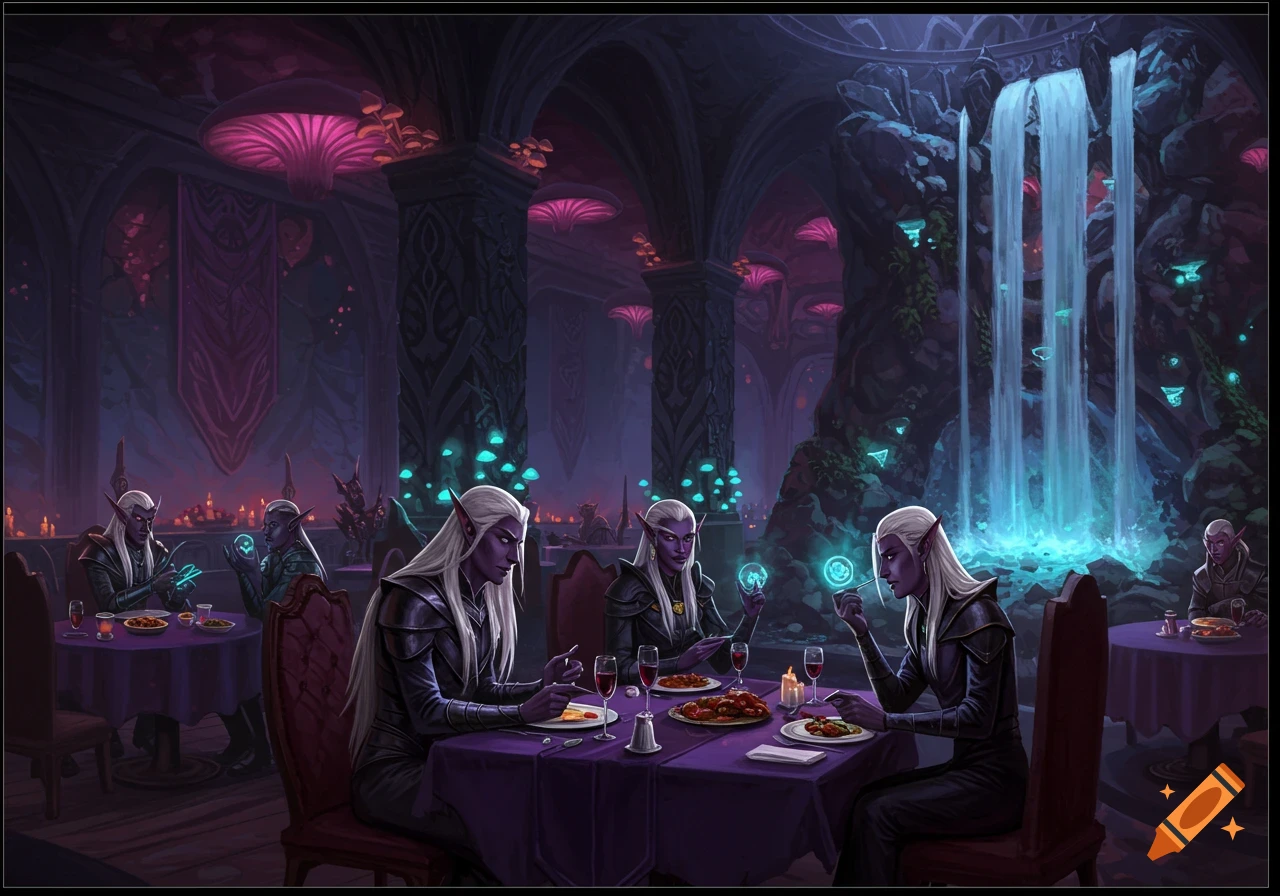 Drow elves dine in an elegant underground fantasy restaurant with ...