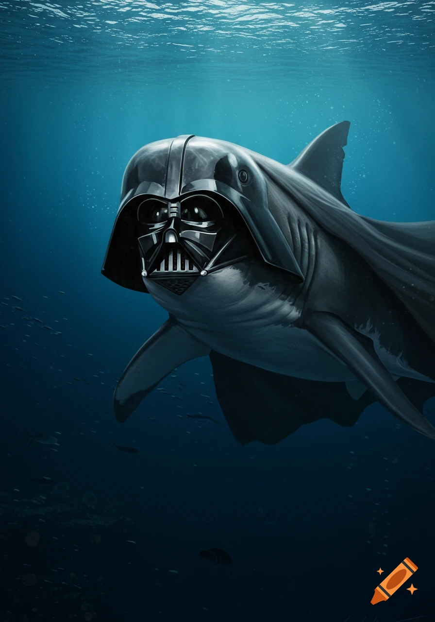 Shark wearing a Darth Vader helmet and cape swims underwater. on Craiyon