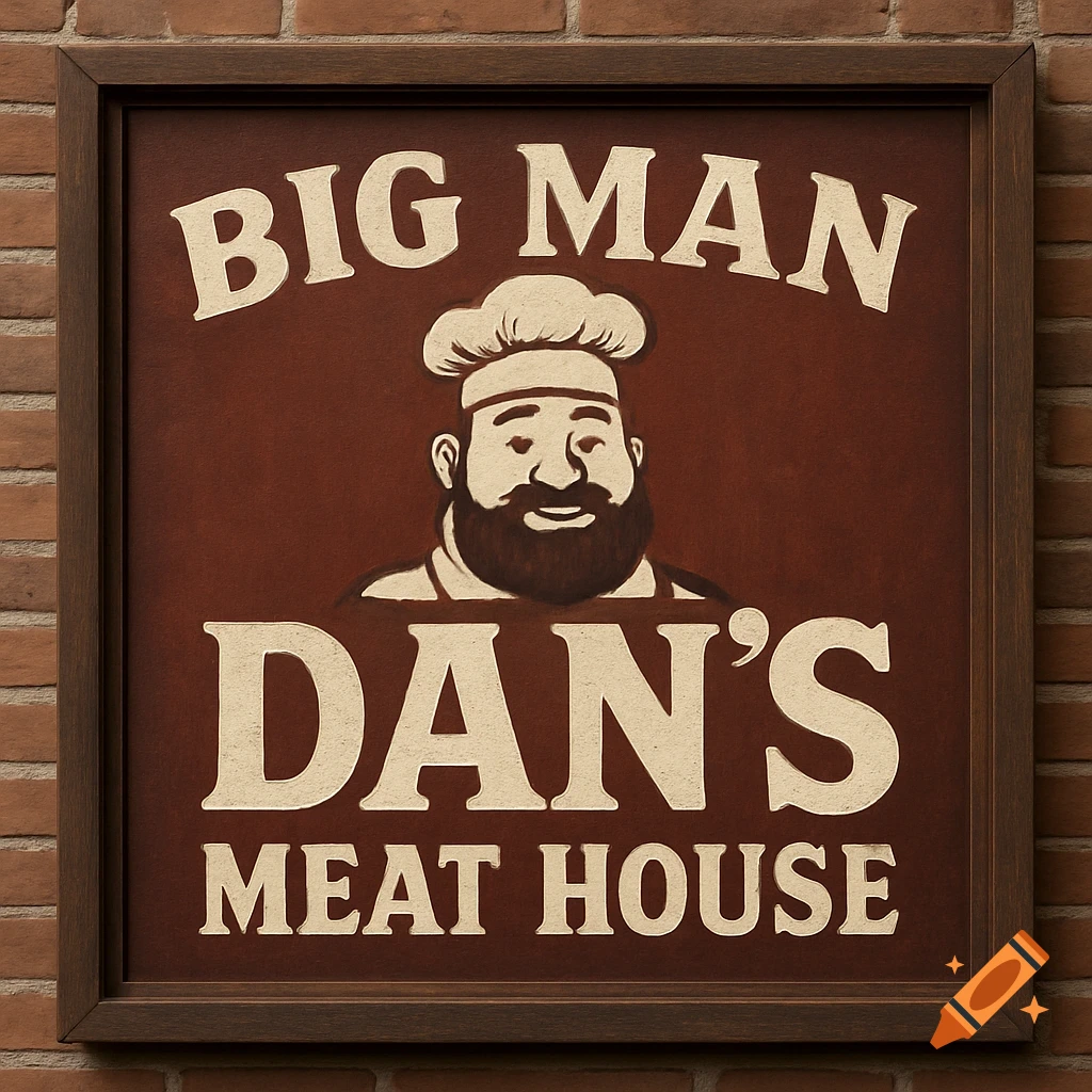 Restaurant sign for Big Man Dan's Meat House with a cartoon ...