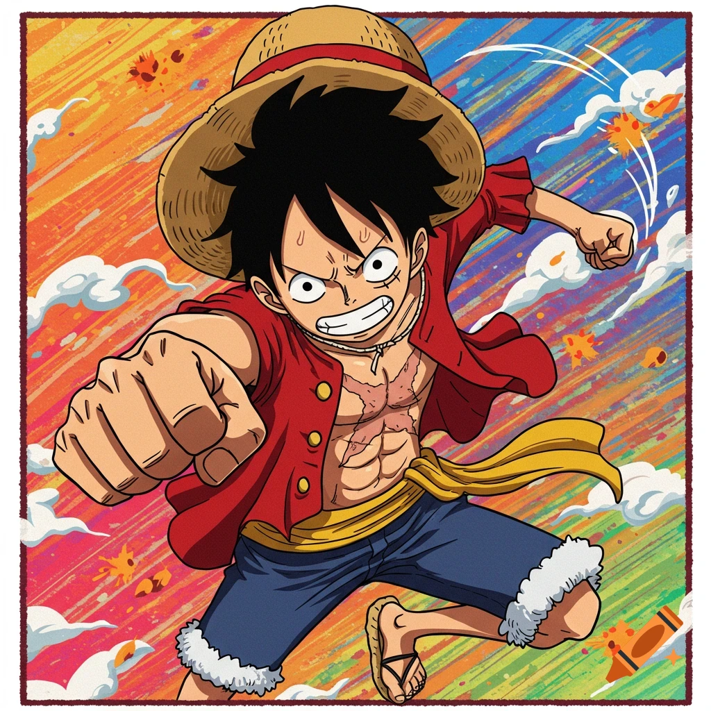Anime illustration of Luffy from One Piece punching forward against a ...