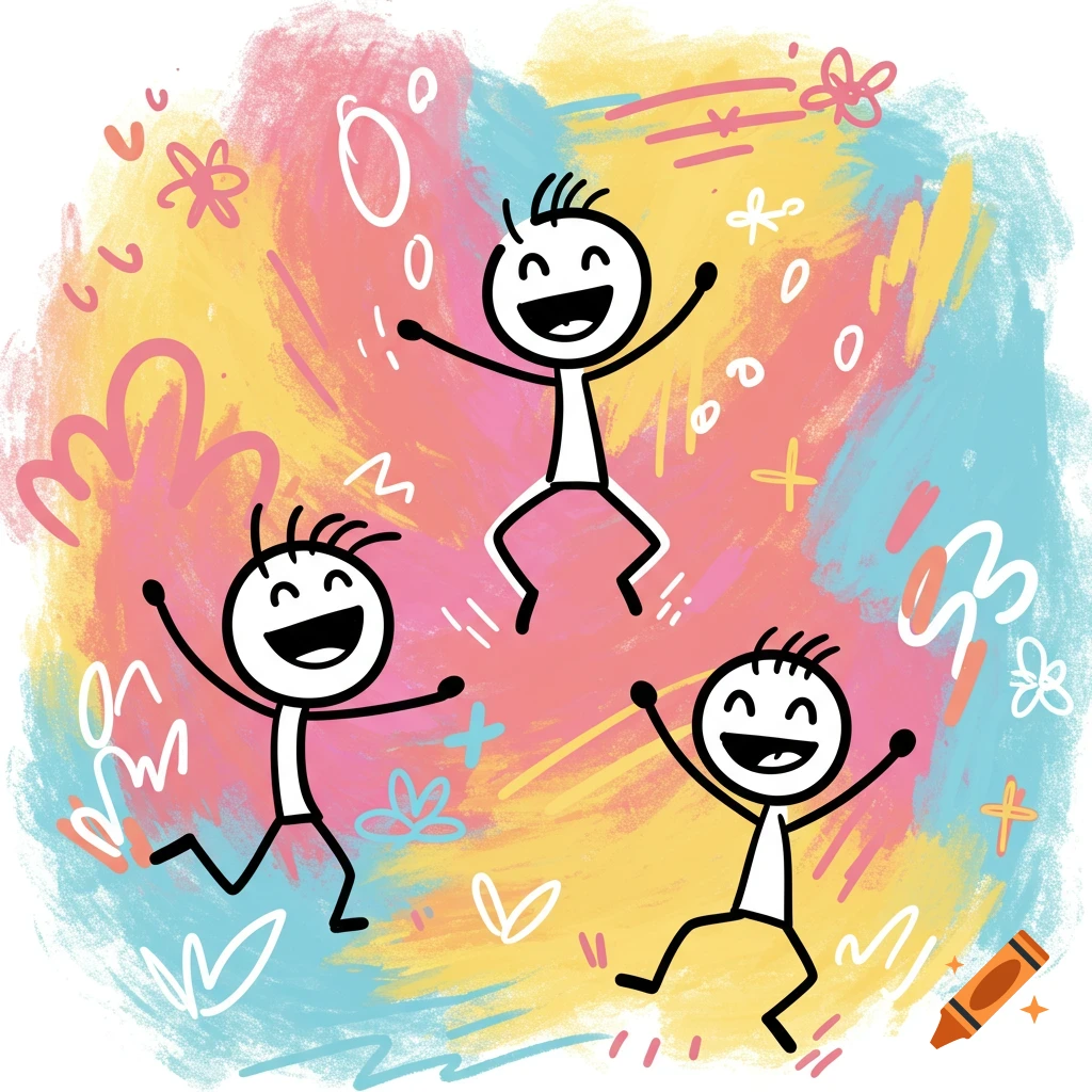 Three happy stick figures jump on a colourful abstract background with ...