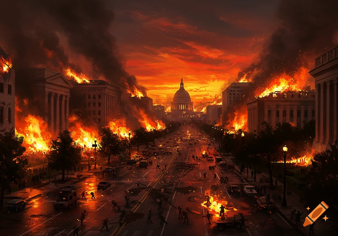 A digital painting of a Washington DC street with buildings on fire ...