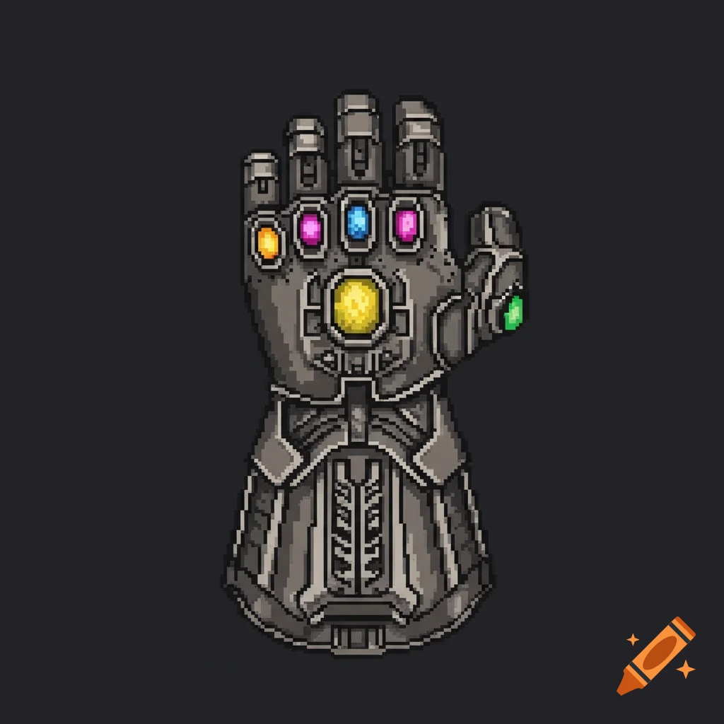 A pixel art Infinity Gauntlet with the colorful Infinity Stones. on Craiyon
