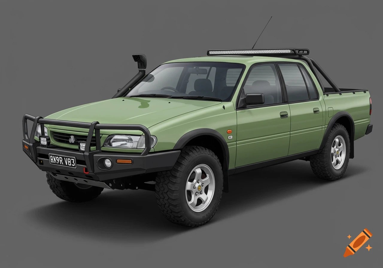 A light green 1999 Holden Jackaroo modified for offroad, with a bullbar ...