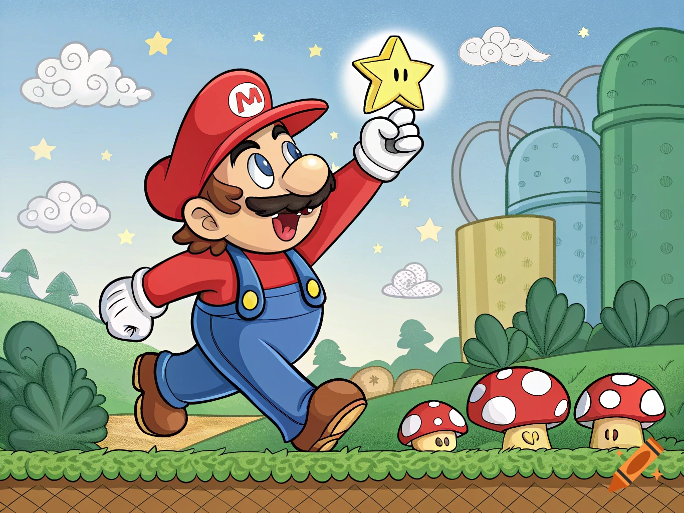 Cartoon illustration of Mario running and holding a Super Star in a ...