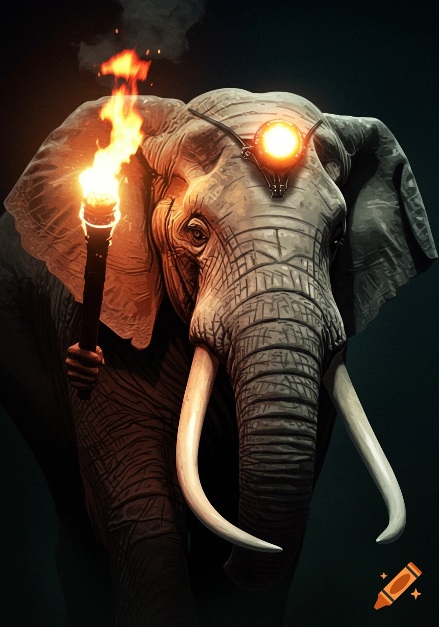 Elephant holding a torch and wearing a headlamp, digital illustration ...