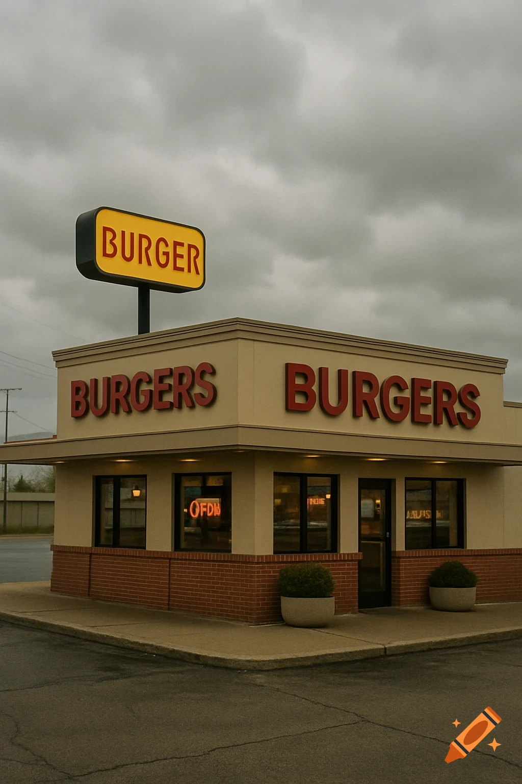 A burger restaurant building with prominent signs reading 'BURGER' and ...