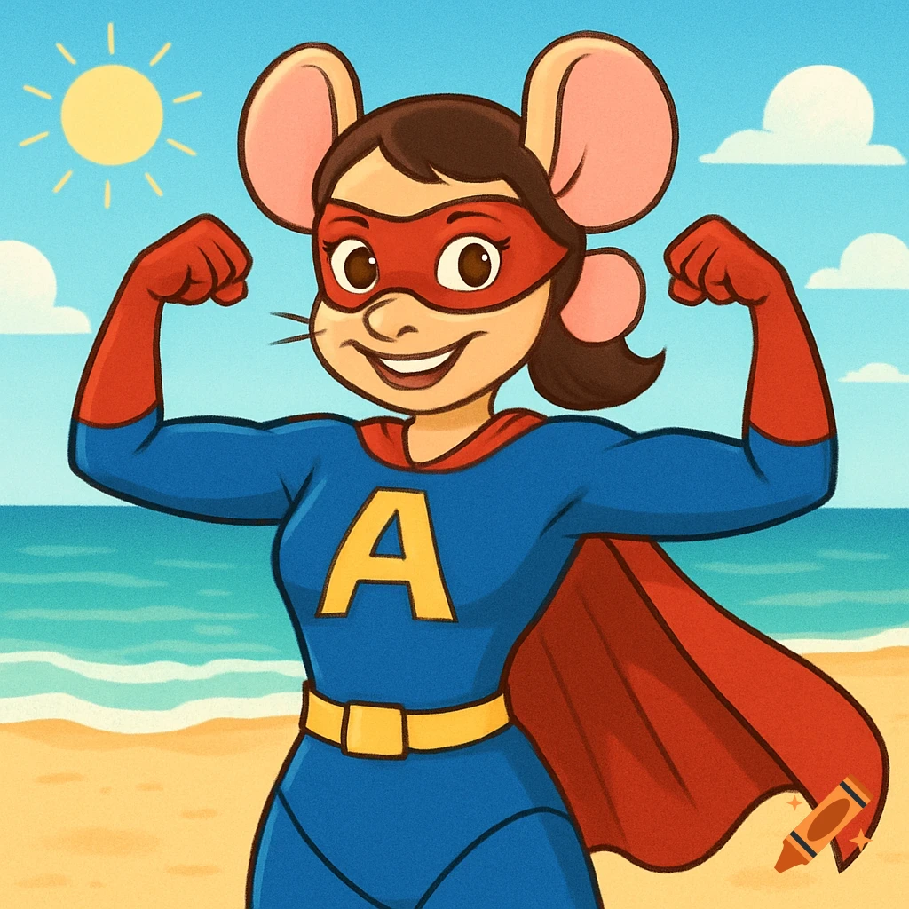 Cartoon superheroine mouse flexing her muscles at the beach on Craiyon
