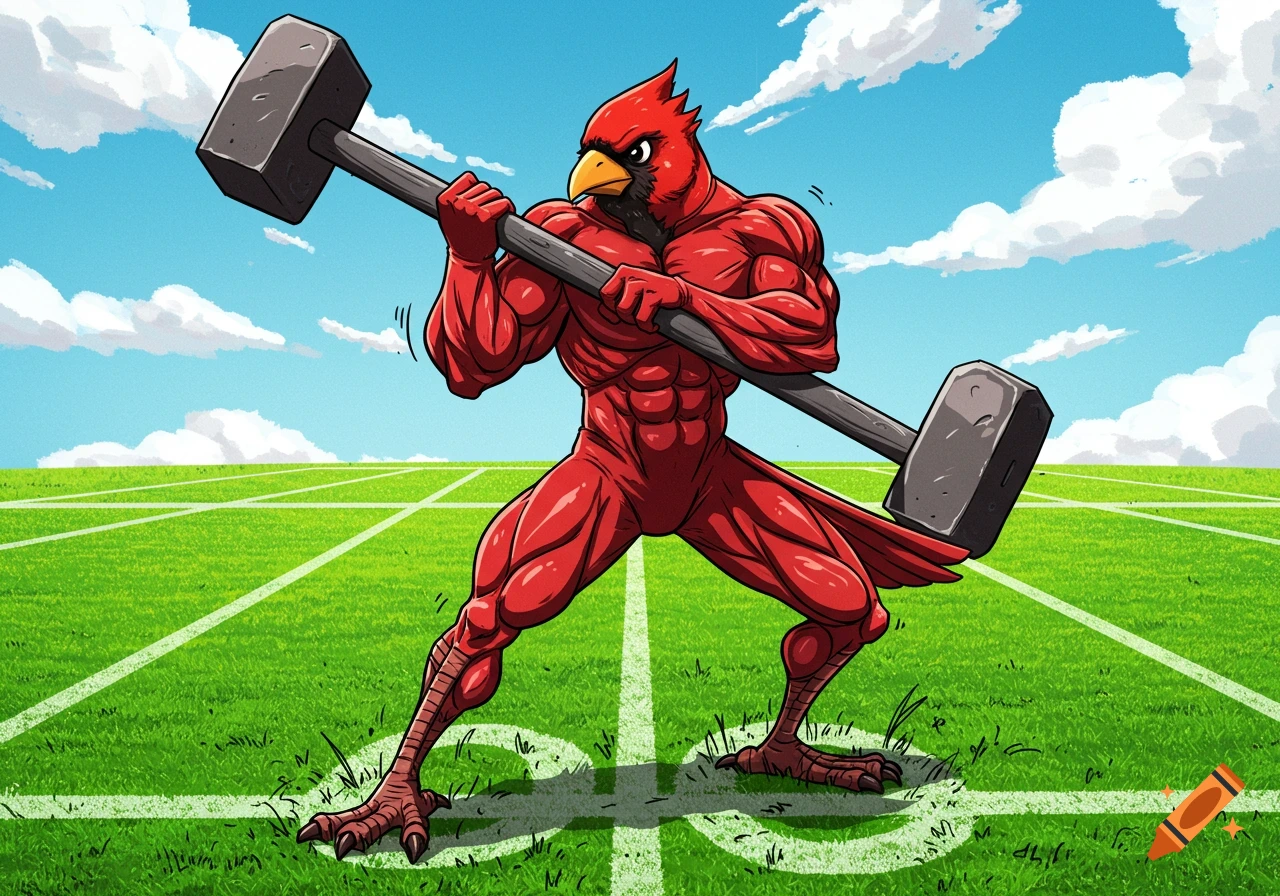 Cartoon muscular red cardinal swinging a sledgehammer on a football ...