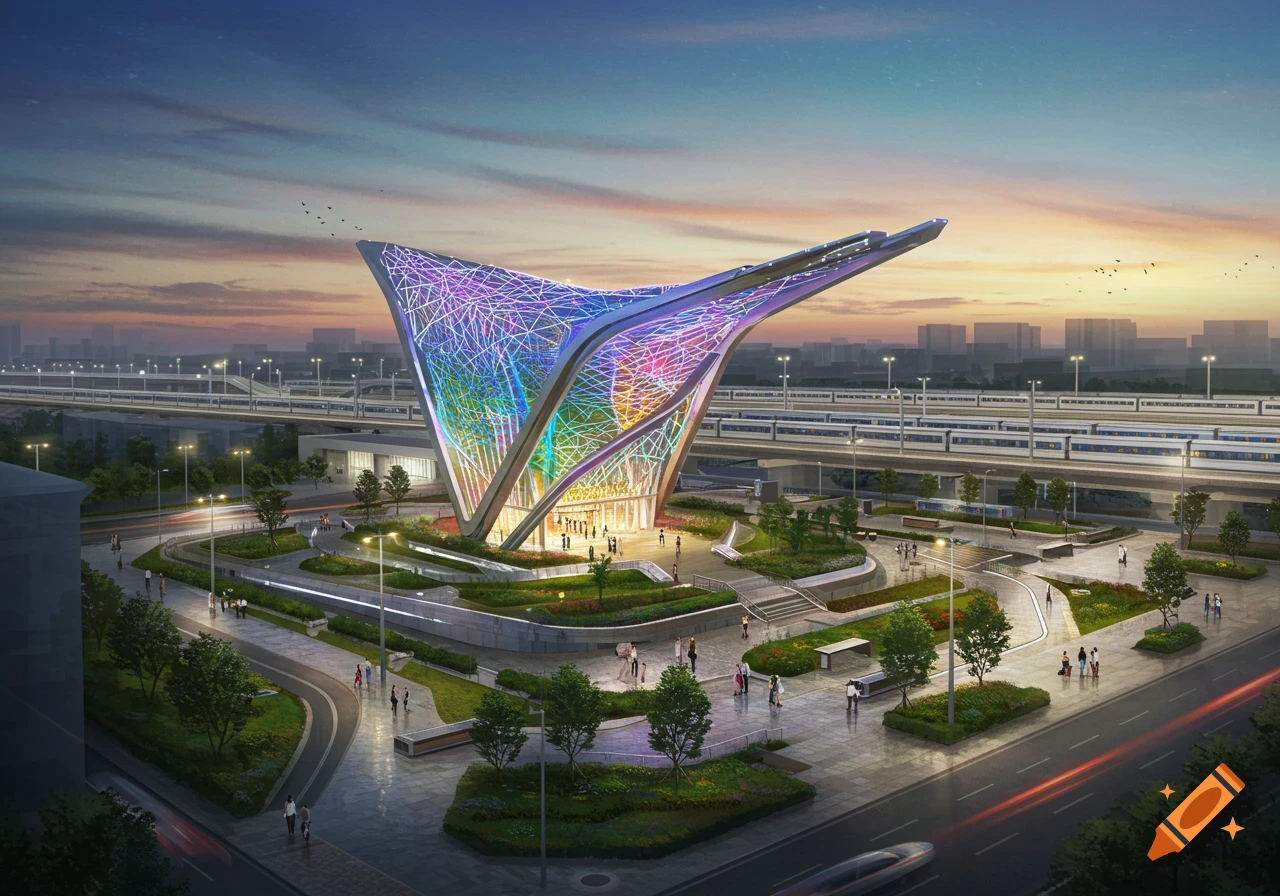 Modern high-speed train station square with a colorful, futuristic ...