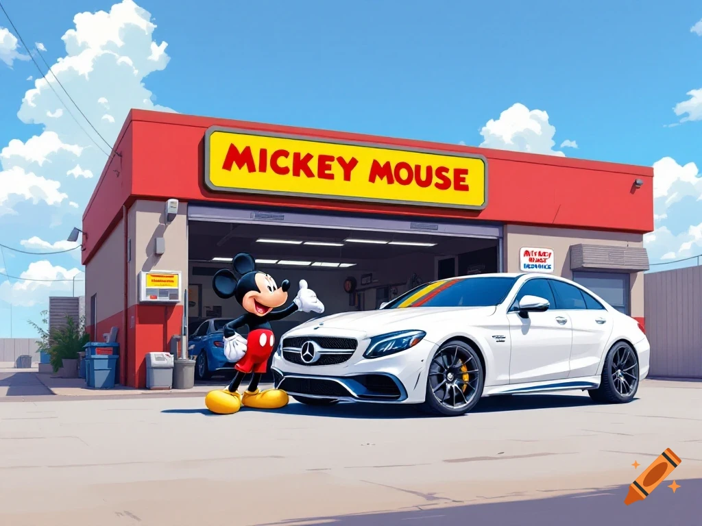 Mickey Mouse stands in front of a mechanic shop with a white Mercedes ...
