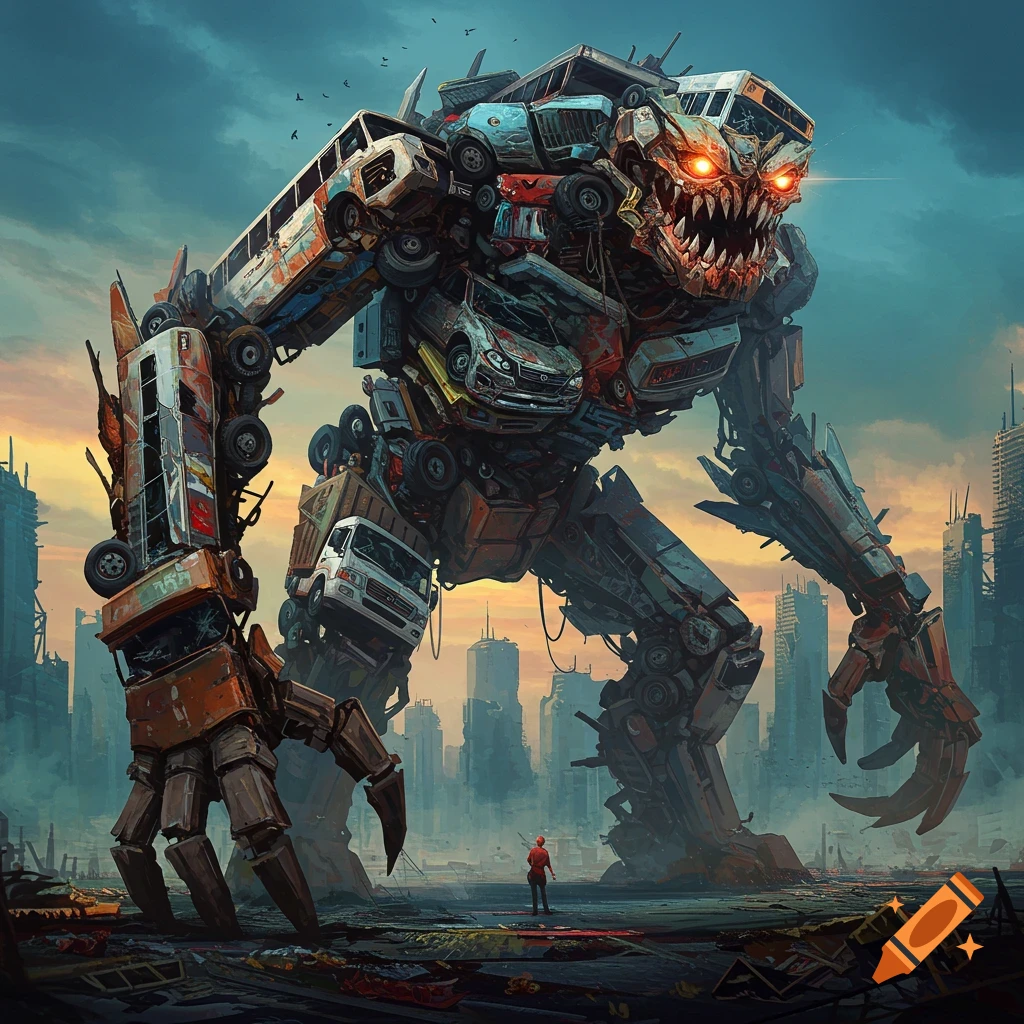 Massive monster made of cars stands over a small person in a ruined ...