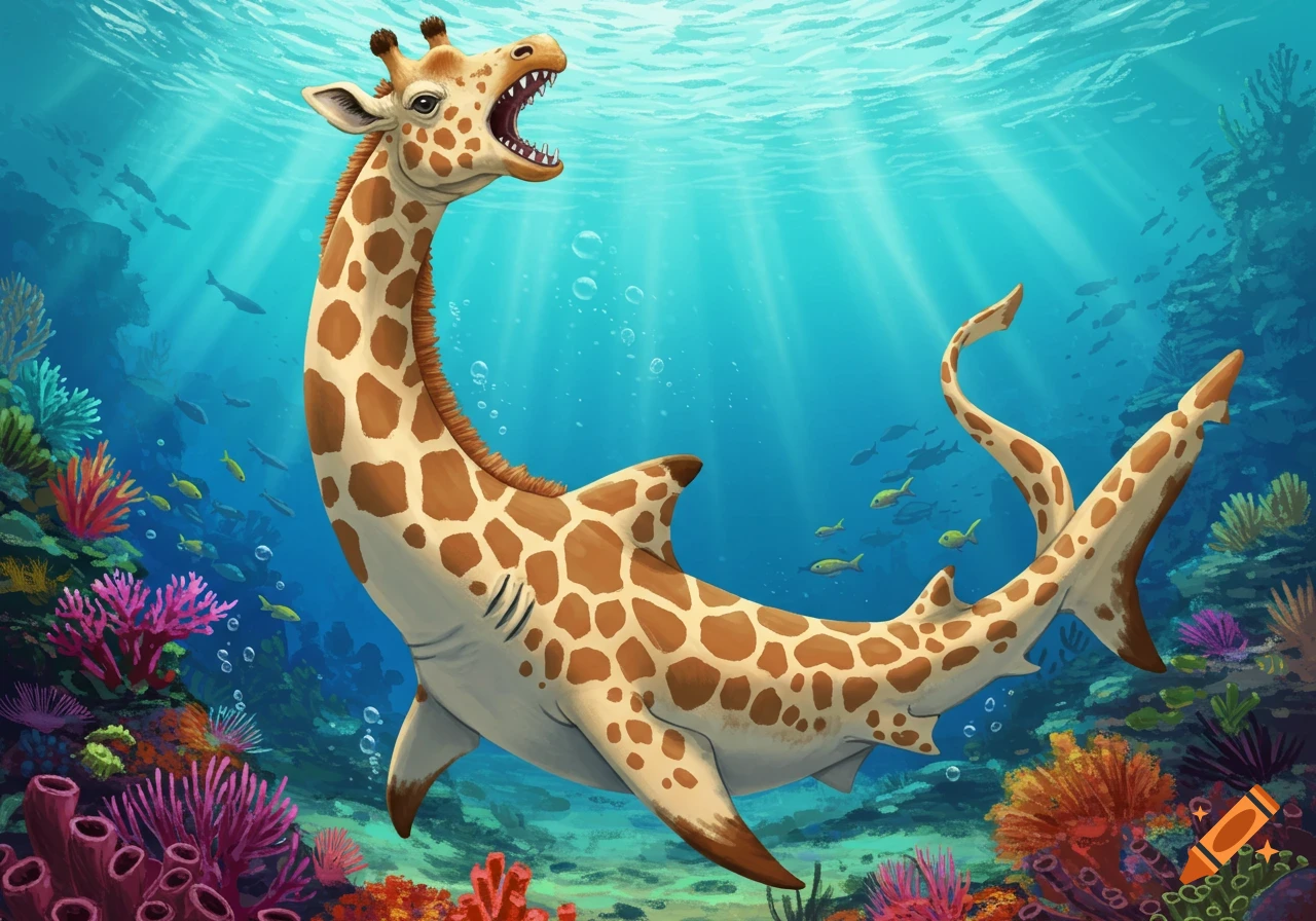 A fantasy creature with a giraffe head and a shark body swims in the ocean near coral reefs. on ...