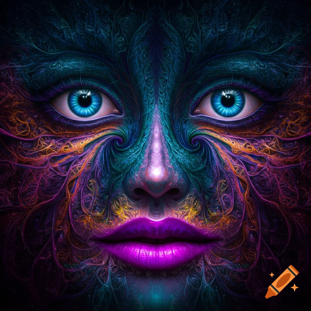 Close-up abstract fractal art portrait of a face with intricate colorful patterns. on Craiyon