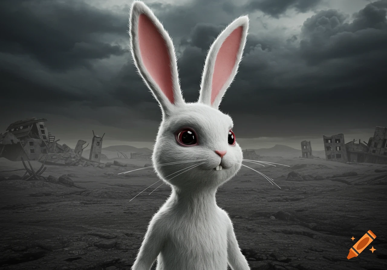 A fluffy white rabbit stands in a desolate wasteland with ruined ...