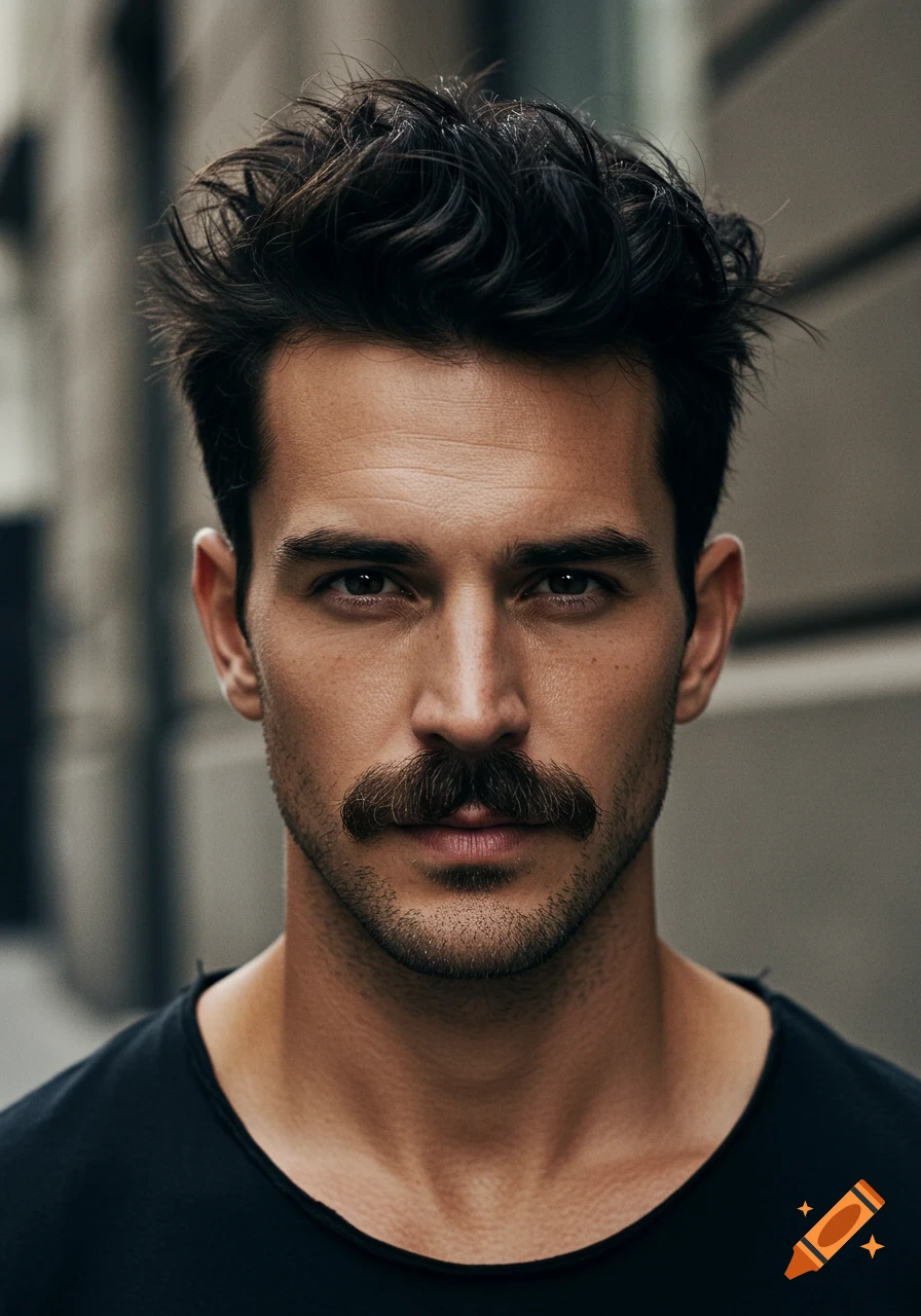 Close-up portrait of a man with a mustache and disheveled dark hair. on ...
