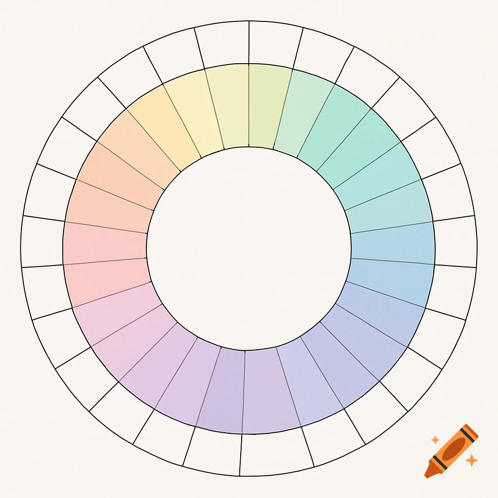 A pastel color wheel divided into many segments with an outer ring. on ...