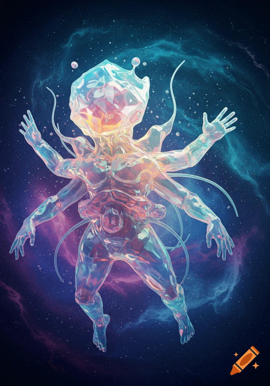 A multi-armed crystalline creature floats in space surrounded by colorful nebulae. on Craiyon
