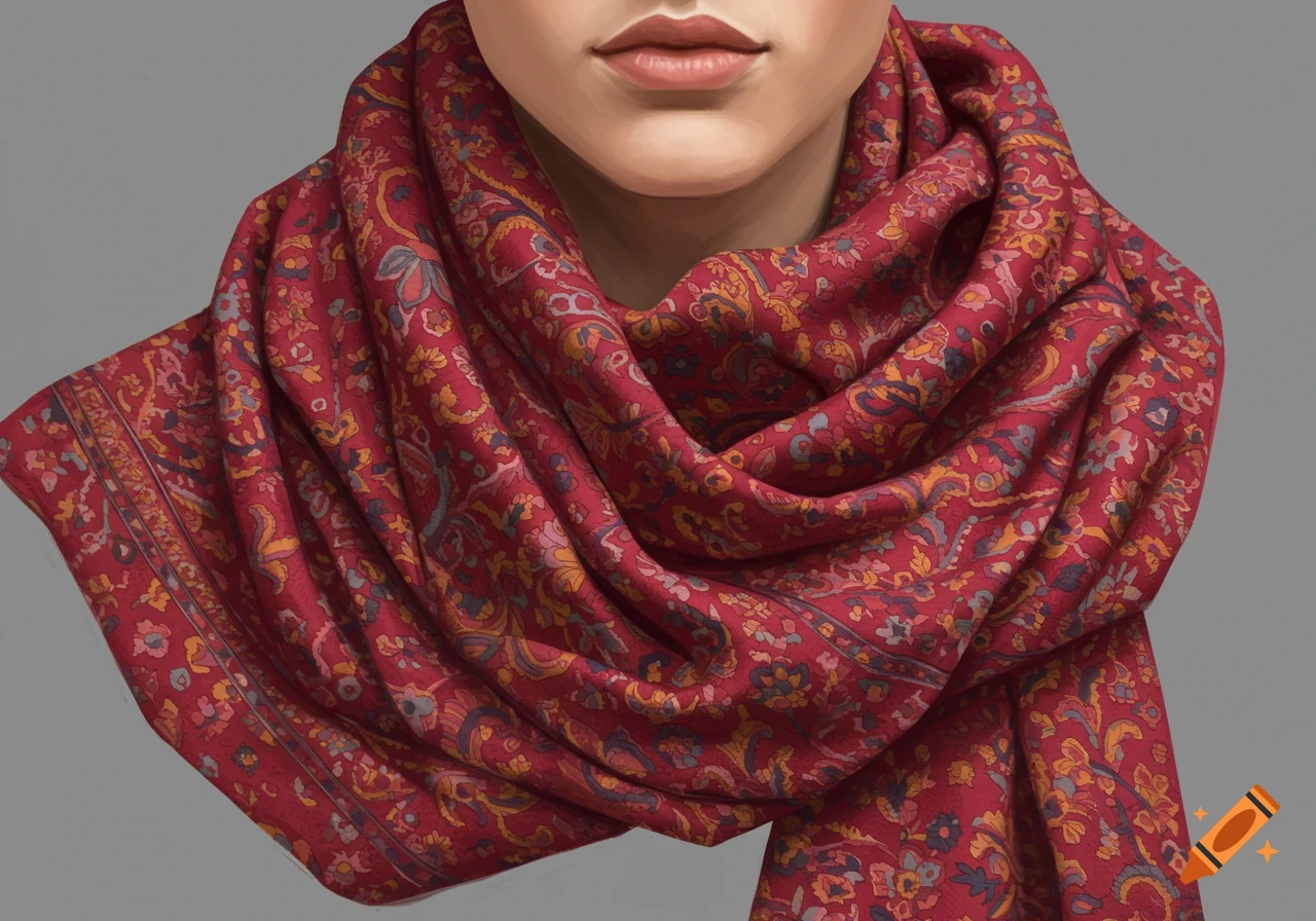 Person wearing a red patterned scarf, realistic illustration. on Craiyon