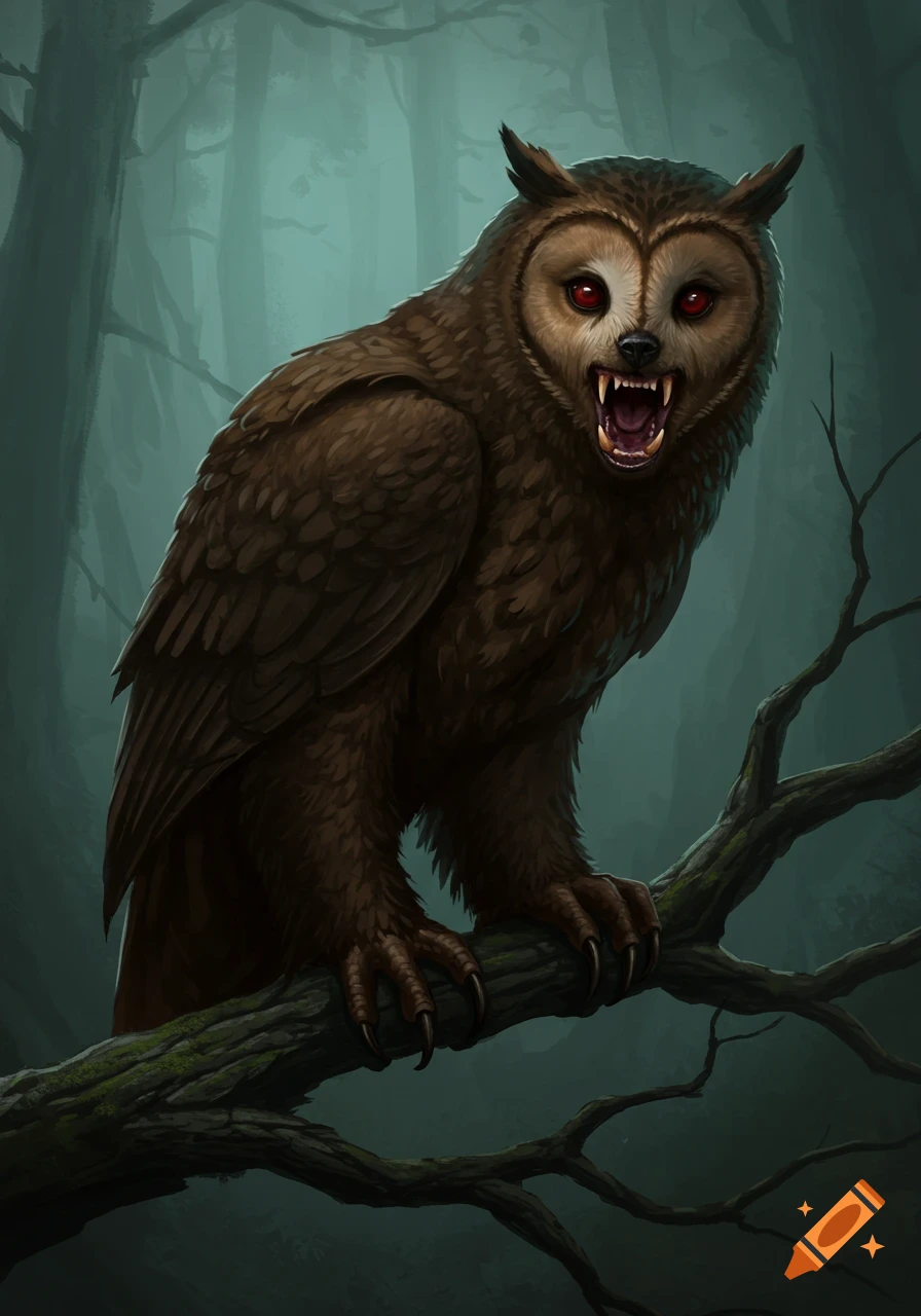 Digital painting of a monstrous owl-bear creature with red eyes and ...
