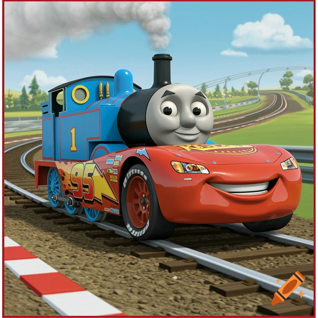 Cartoon mashup of Thomas the Tank Engine and Lightning McQueen on train ...