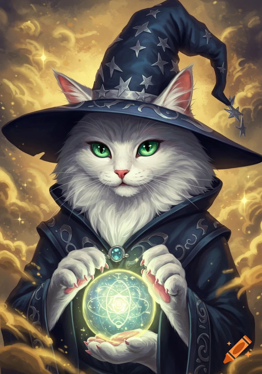 A white fluffy cat sorcerer in a hat and robe holds a glowing magical ...