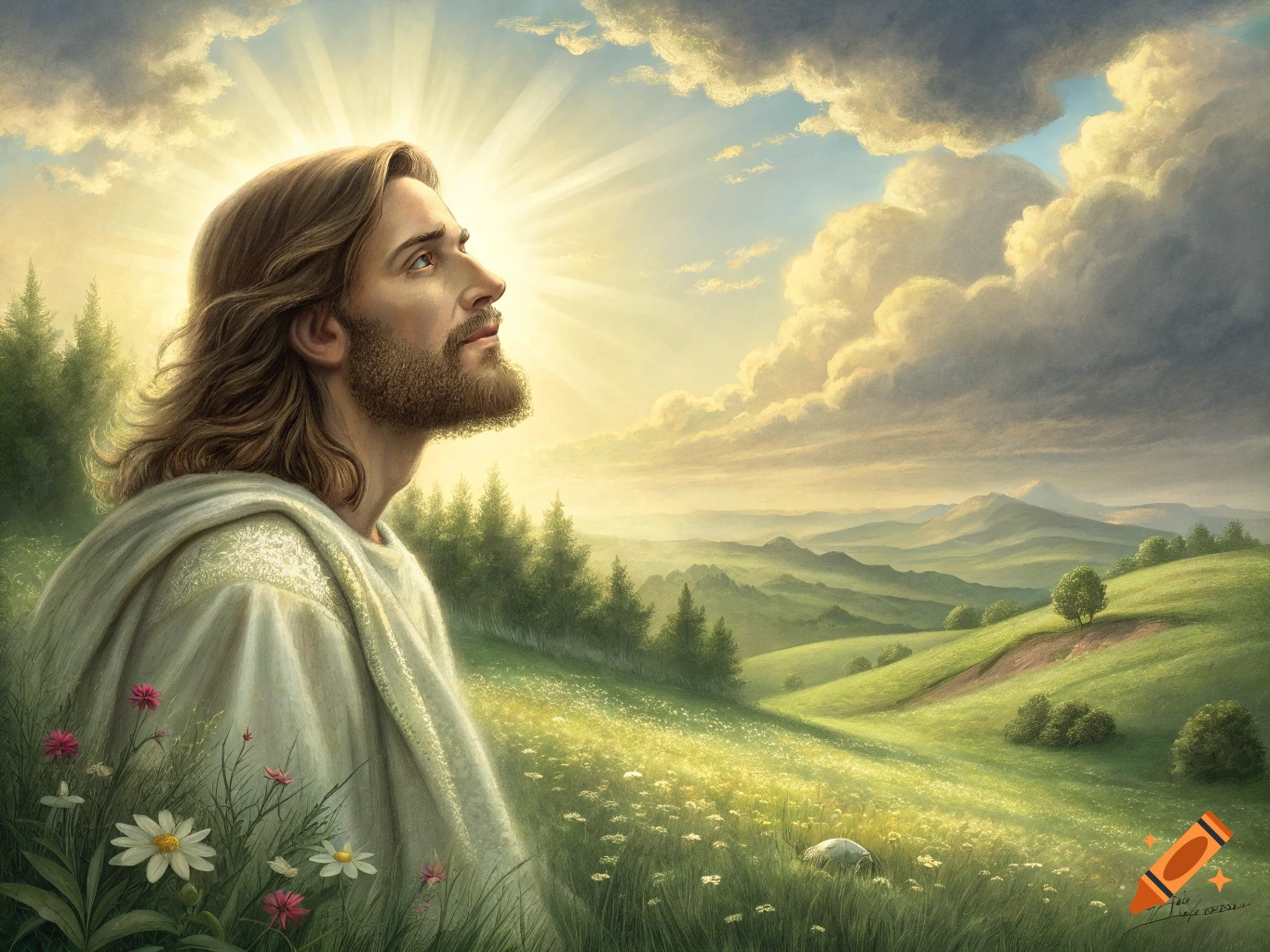 Jesus looks towards sun rays in a peaceful, sunlit grassy landscape. on ...