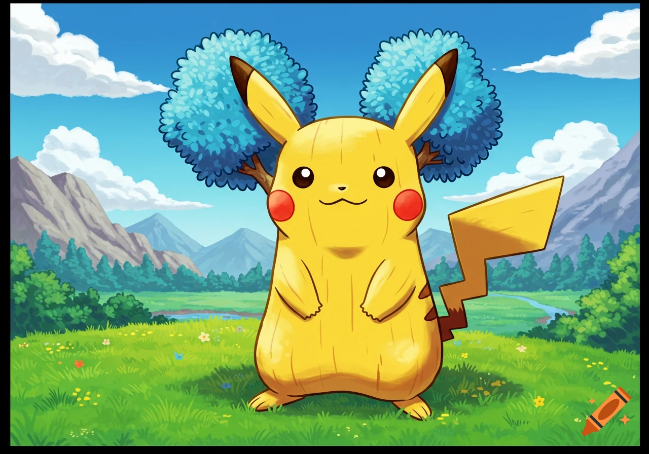 Cartoon-style image of a tree resembling Pikachu in a green field with ...